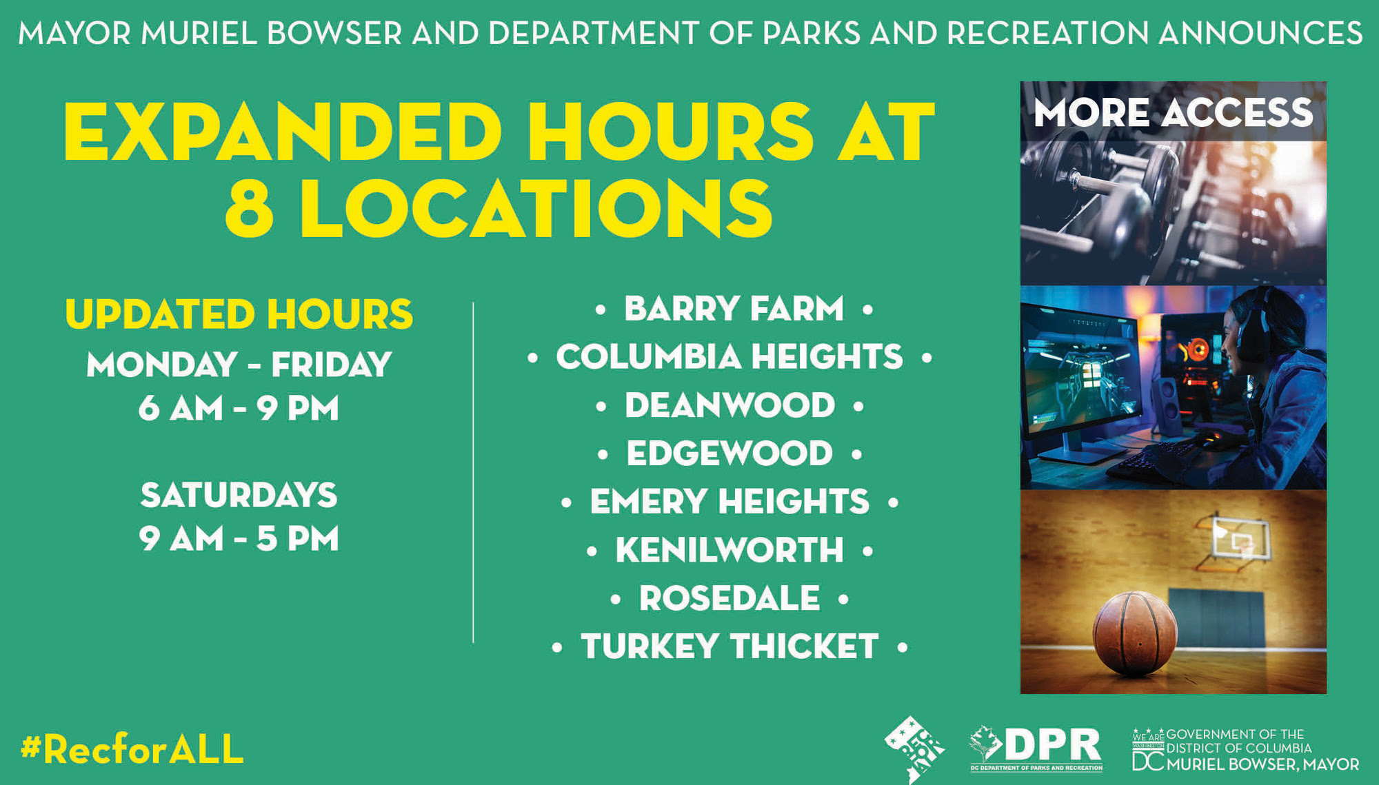 Press Release: Bowser Administration to Expand Hours at 45 DPR ...